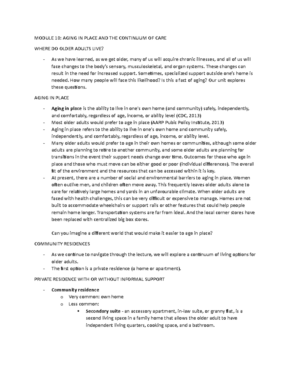 Module 10 Lecture Notes Module 10 Aging In Place And The Continuum Of Care Where Do Older