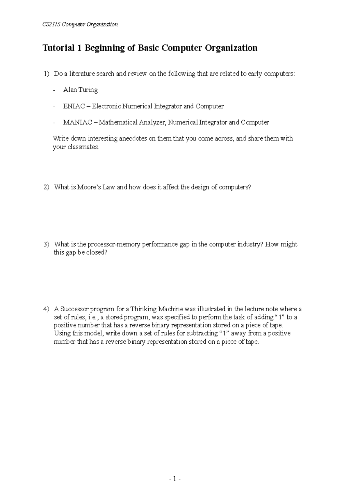 CS 2115 Tutorial 1-1 - CS2115 Computer Organization Tutorial 1 ...