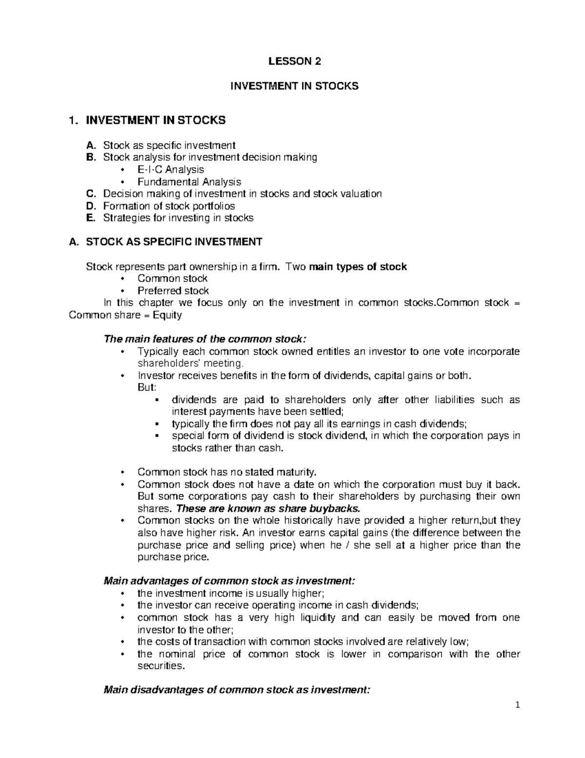 Lesson 3 Stocks as investment - LESSON 2 INVESTMENT IN STOCKS 1 ...