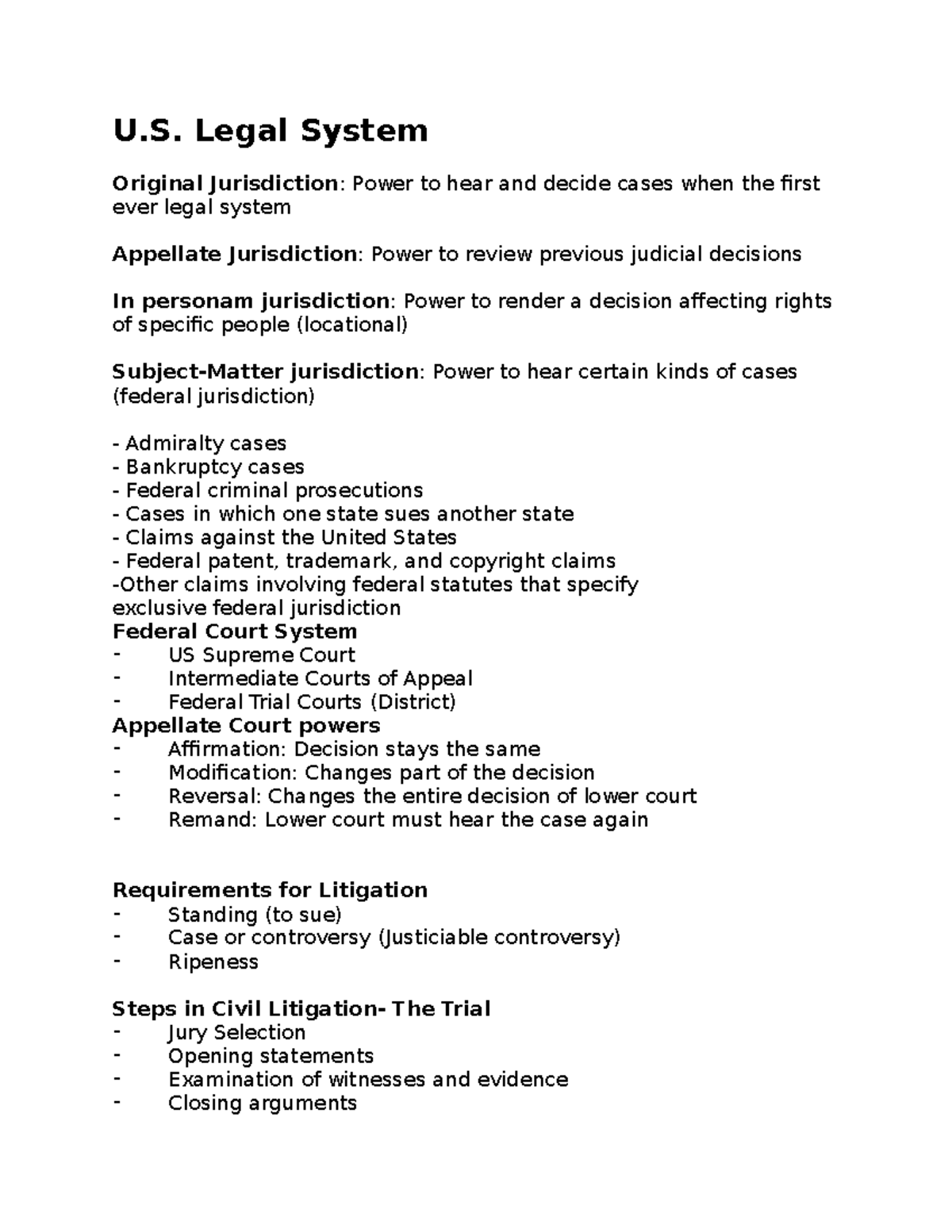 US Legal System - U. Legal System Original Jurisdiction: Power to hear ...