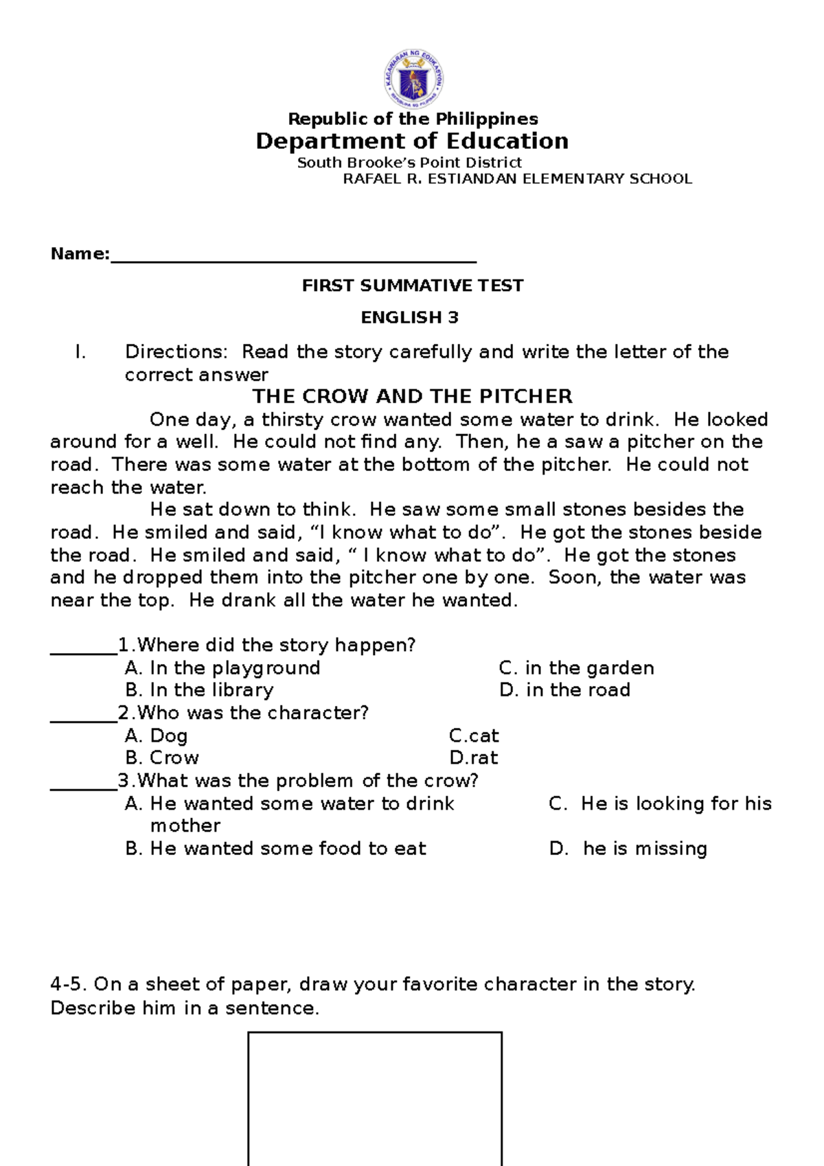 English 1st summative test - Republic of the Philippines Department of ...