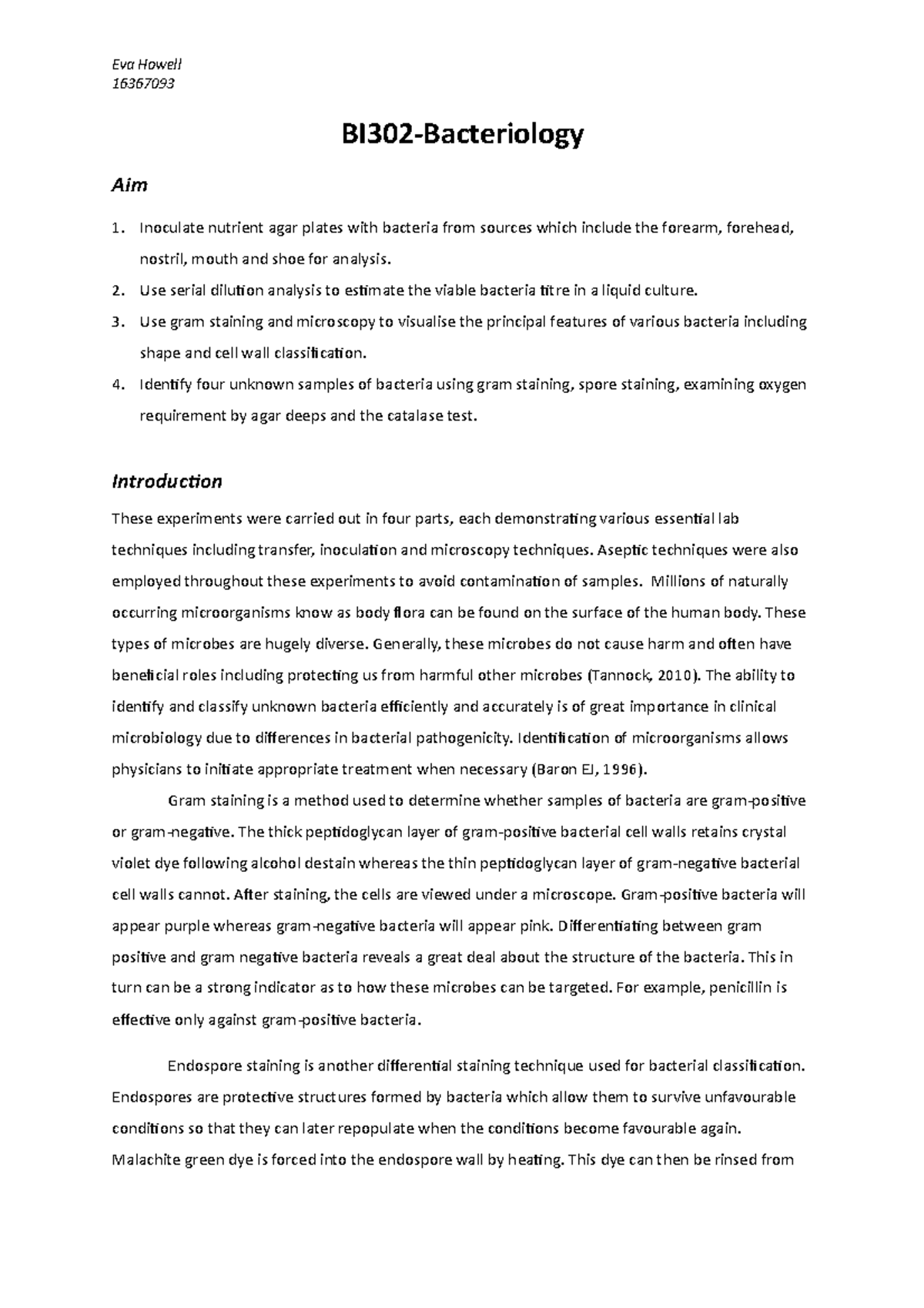 BI302 LR Bacteriology - A full laboratory report based on an experiment ...