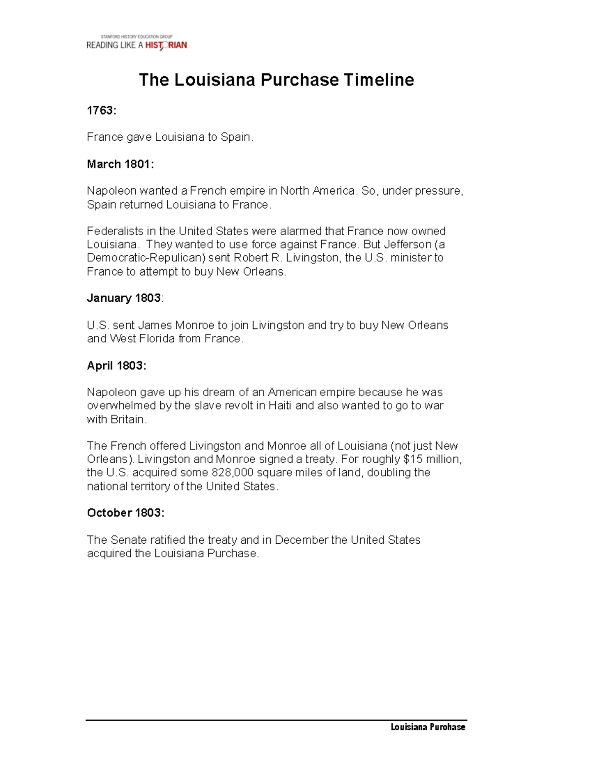 Louisiana Purchase Student Materials - The Louisiana Purchase Timeline ...