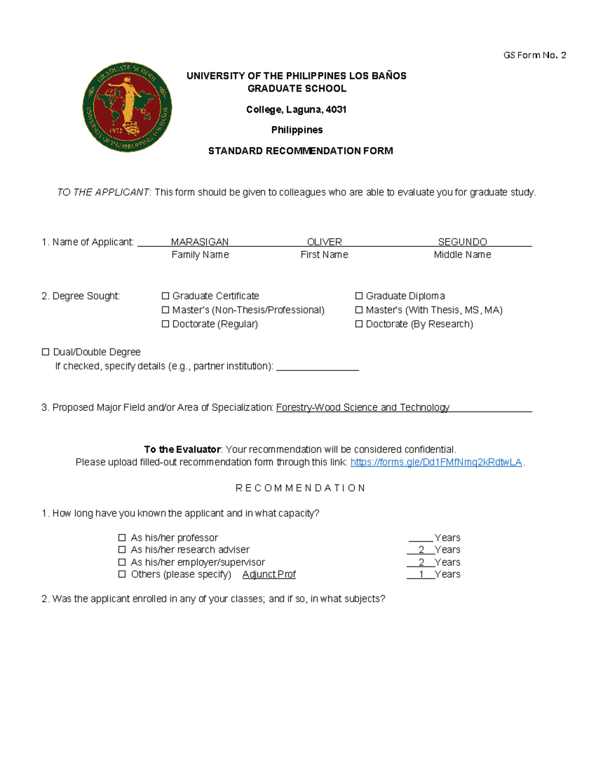 Recommendation-Form-GS-Form-2 OSMarasigan - GS Form No. 2 UNIVERSITY OF ...