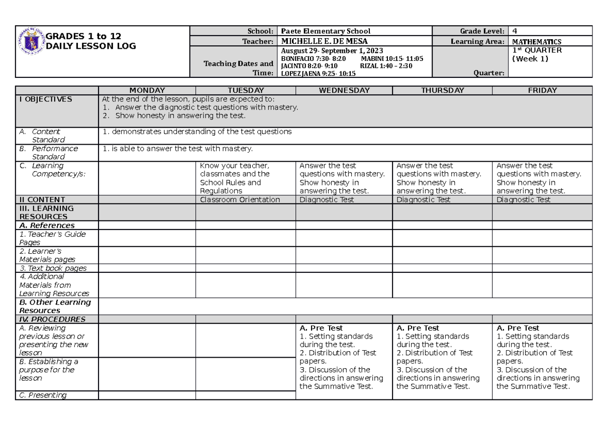 mathematics 4 Quarter 1 week 1 - GRADES 1 to 12 DAILY LESSON LOG School ...