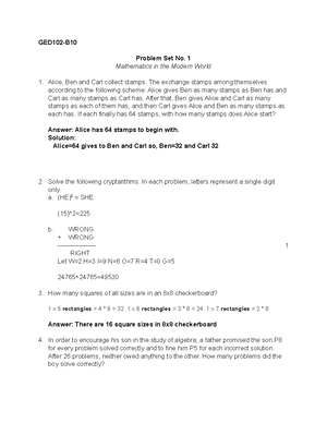 Problem set - DEPARTMENT OF MATHEMATICS GED102 : MODULE 2 PROBLEM SET ...