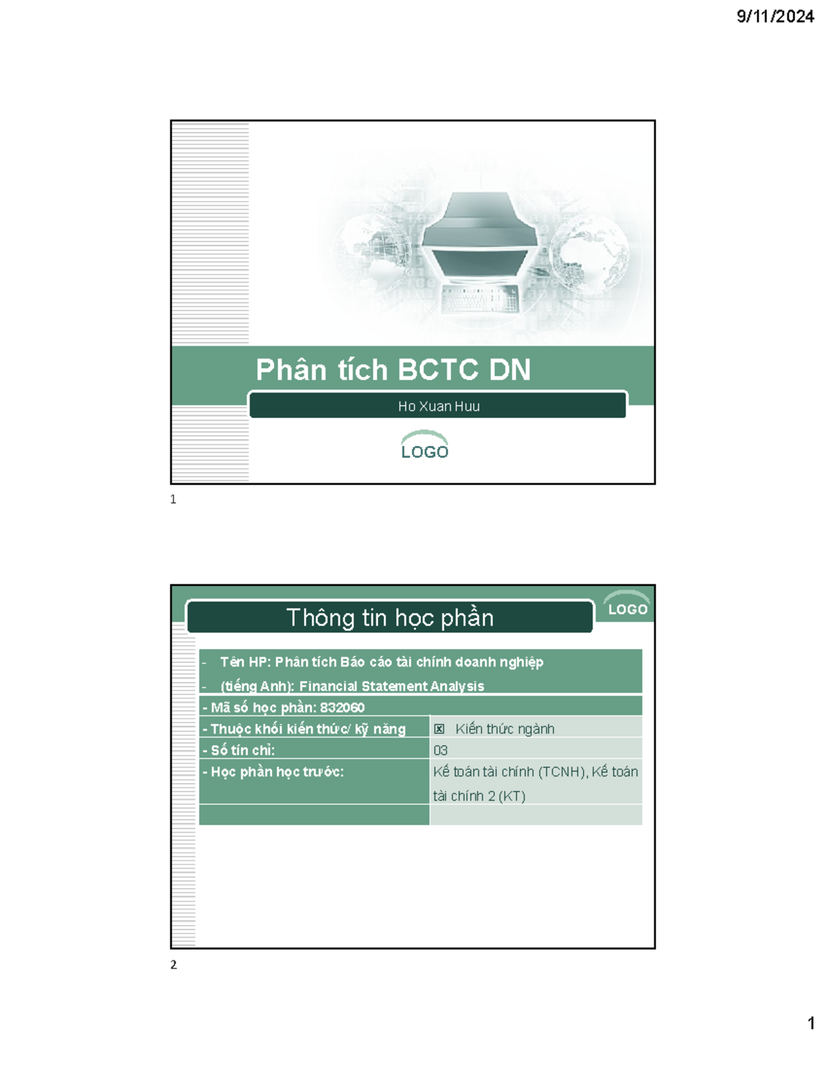 Ch0 Gioi thieu mon hoc - Bunm - LOGO Phân tích BCTC DN Ho Xuan Huu LOGO ...