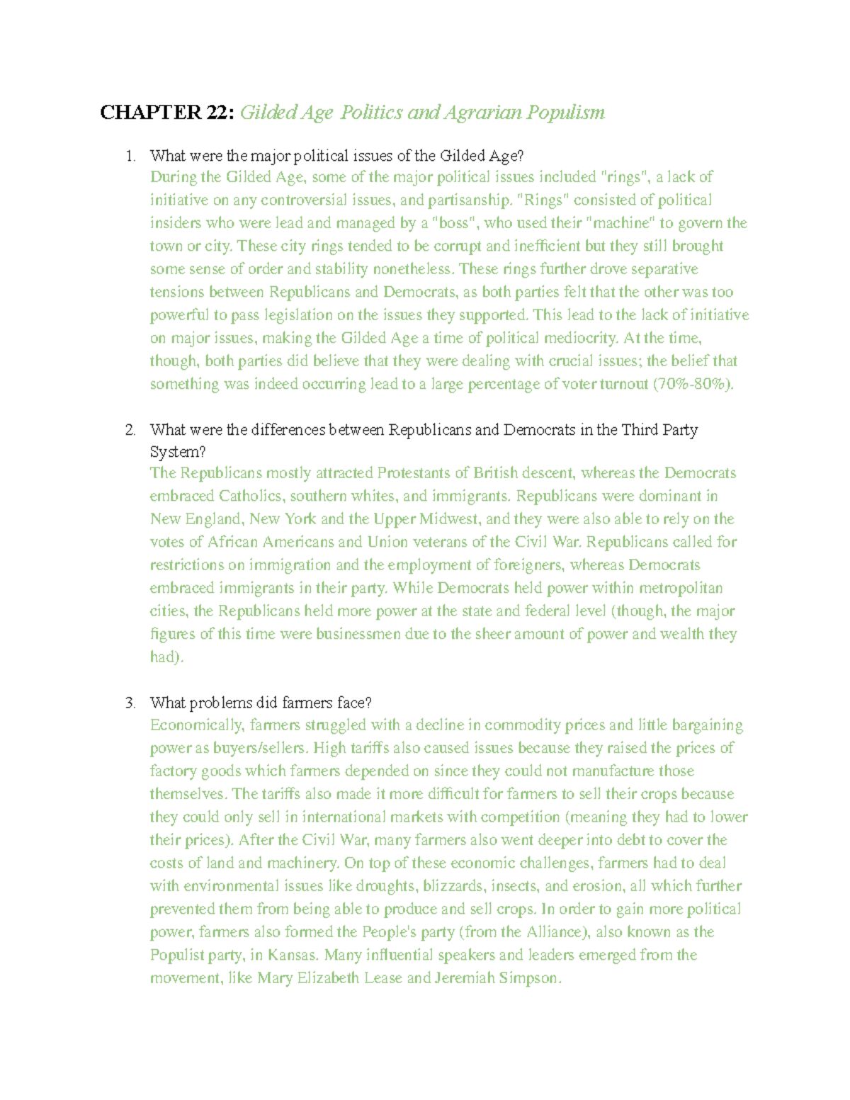 Chapter 22 HW Questions - CHAPTER 22: Gilded Age Politics and Agrarian ...