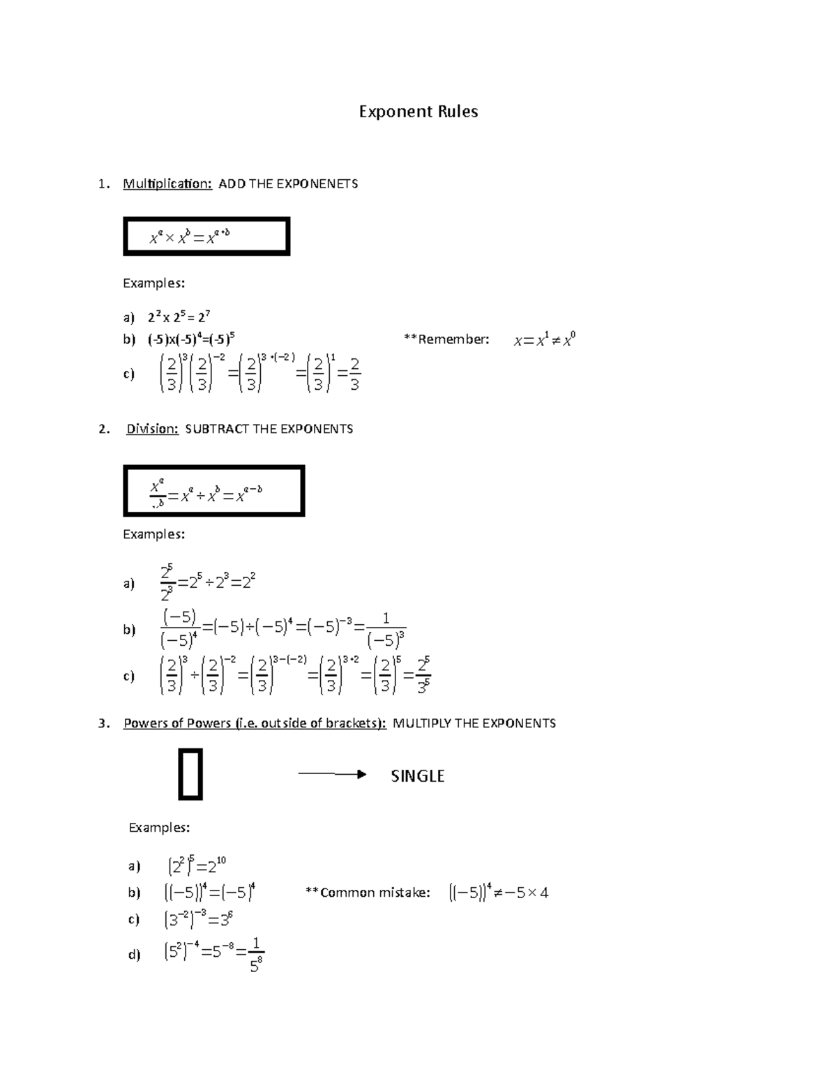 Exponent rules - Practice - SINGLE Exponent Rules Multiplication: ADD ...