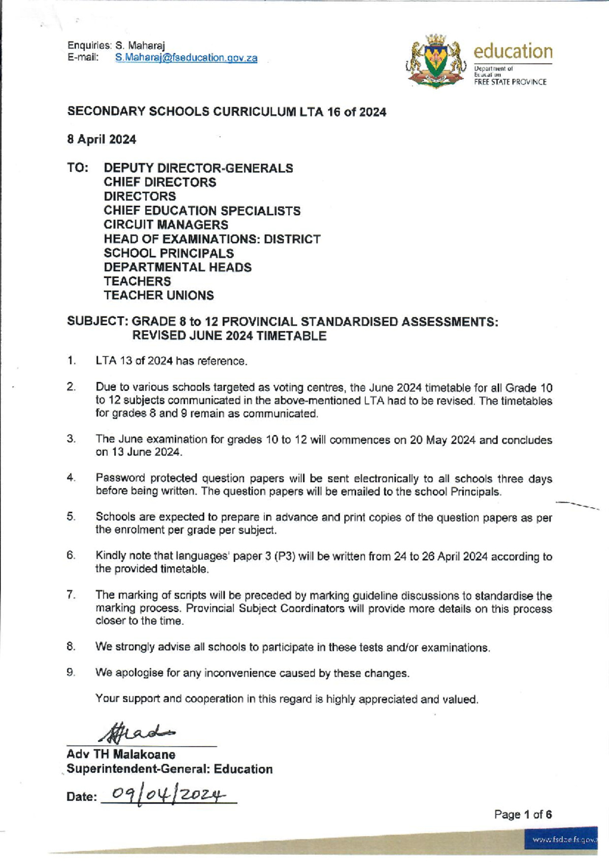 LTA 16 of 2024 Revised Gr 8 to 12 Exam Timetable J 240412 114222 ...