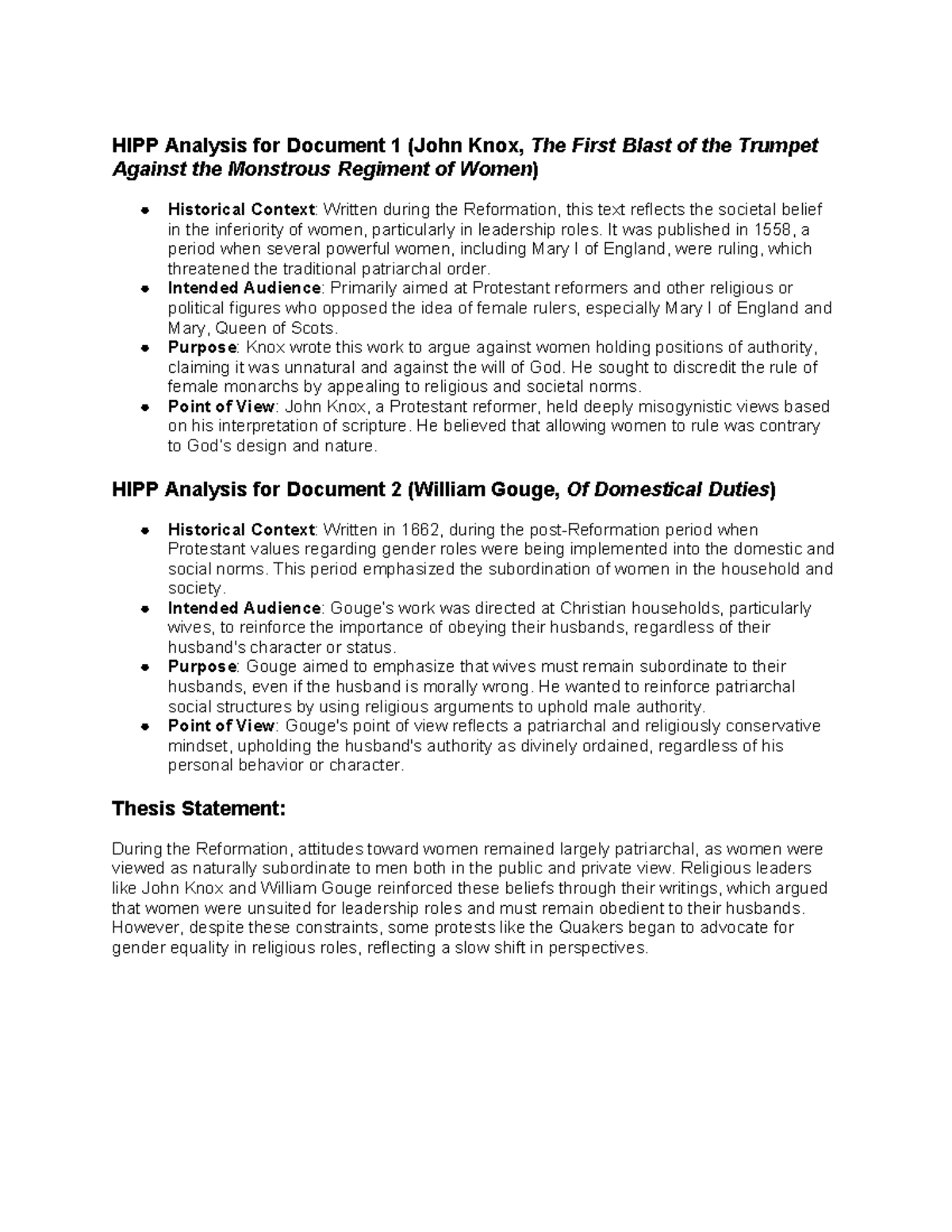 HIPP Analysis for Document 1 (John Knox, The First Blast of the Trumpet ...