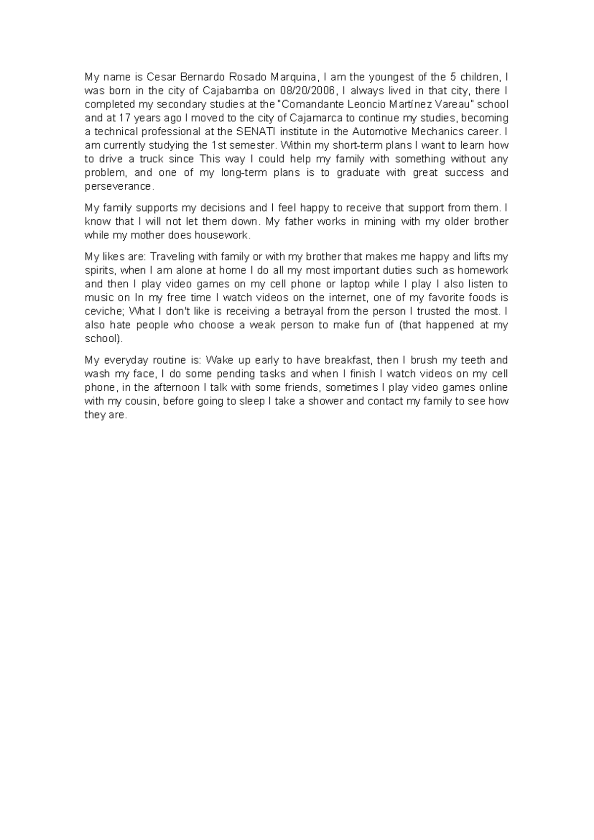 Discussion Ingles - My name is Cesar Bernardo Rosado Marquina, I am the ...