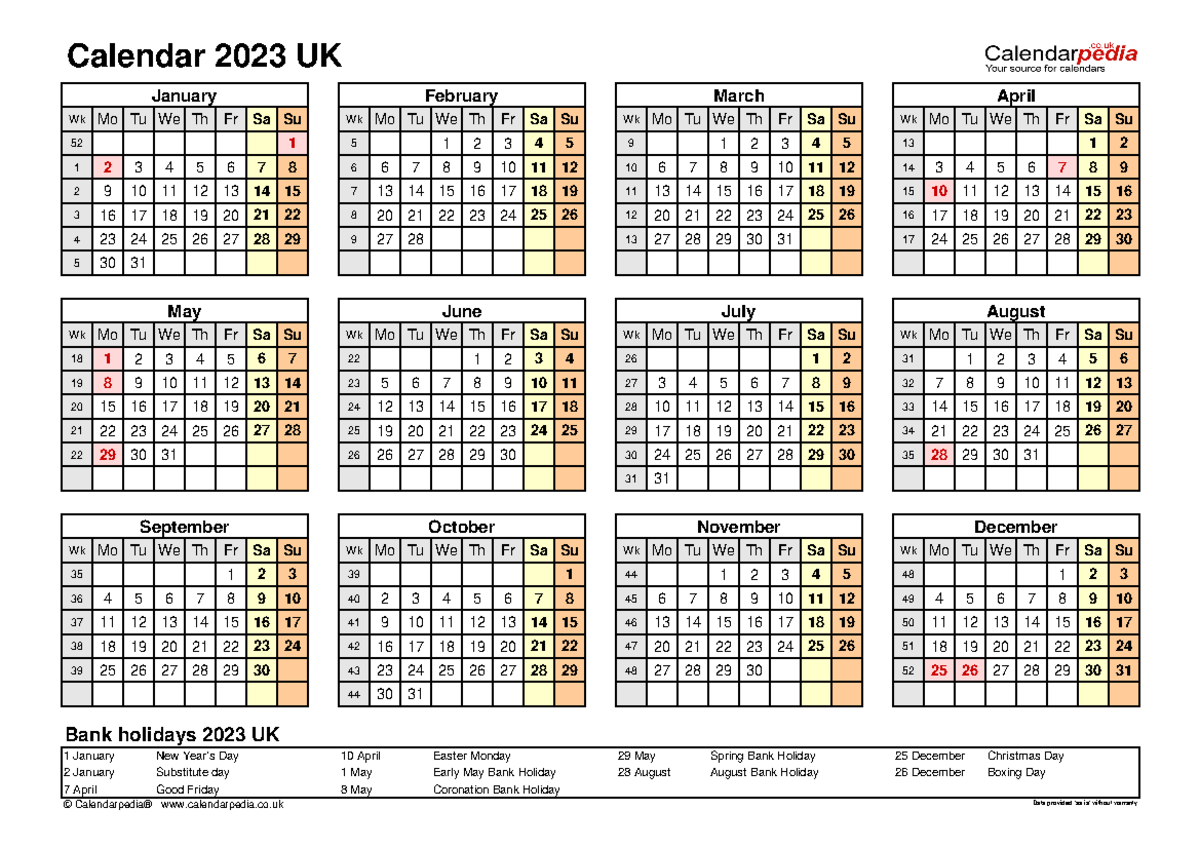Calendar 2023 landscape year at a glance - Calendar 2023 UK Wk Mo Tu We ...