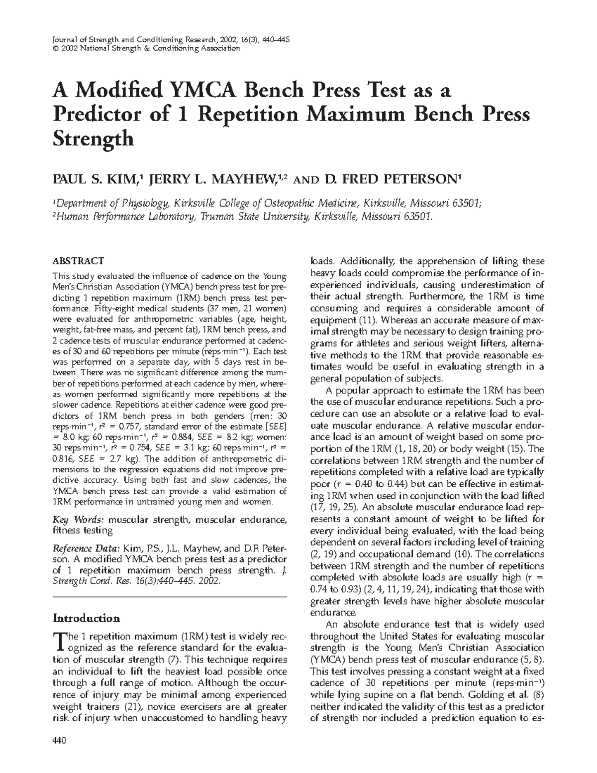 A Modified YMCA Bench Press Test as a Predictor of - 440 Journal of ...