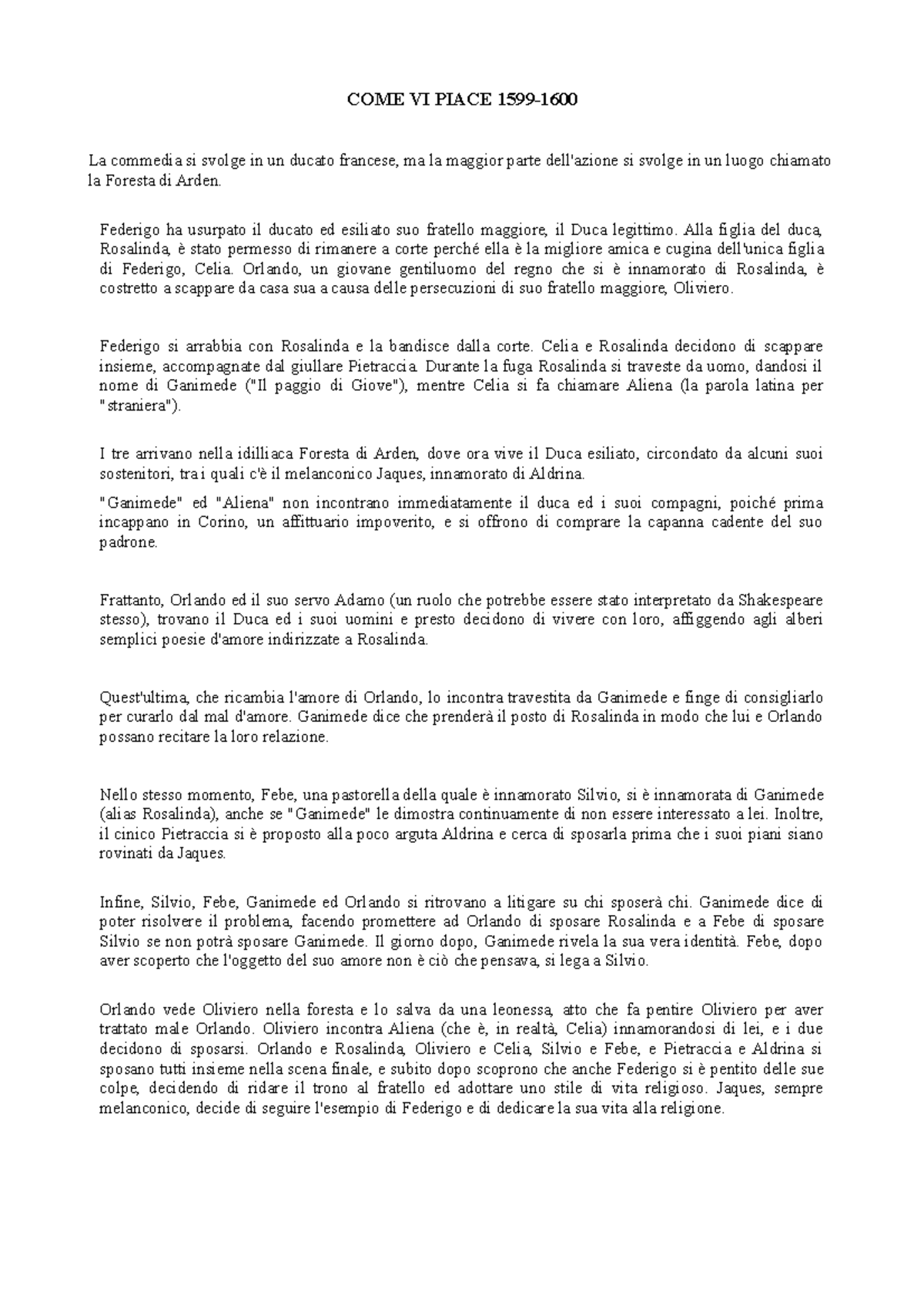 Riassunti opere Shakespeare - COME VI PIACE 1599- La commedia si svolge ...