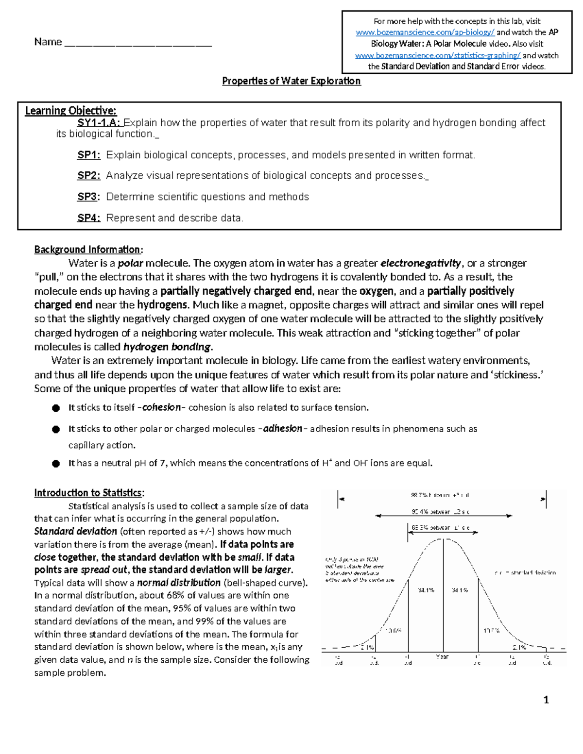 Properties of Water Lab with Stats - Name ...