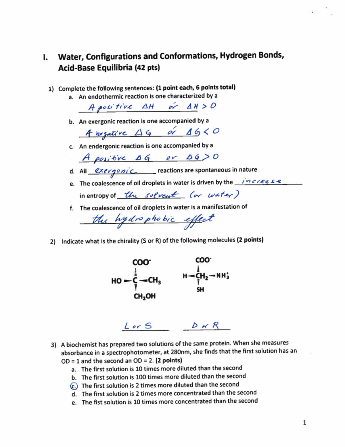 MCB102 Practice Midterm (Key) - I. Water, Configurations and ...