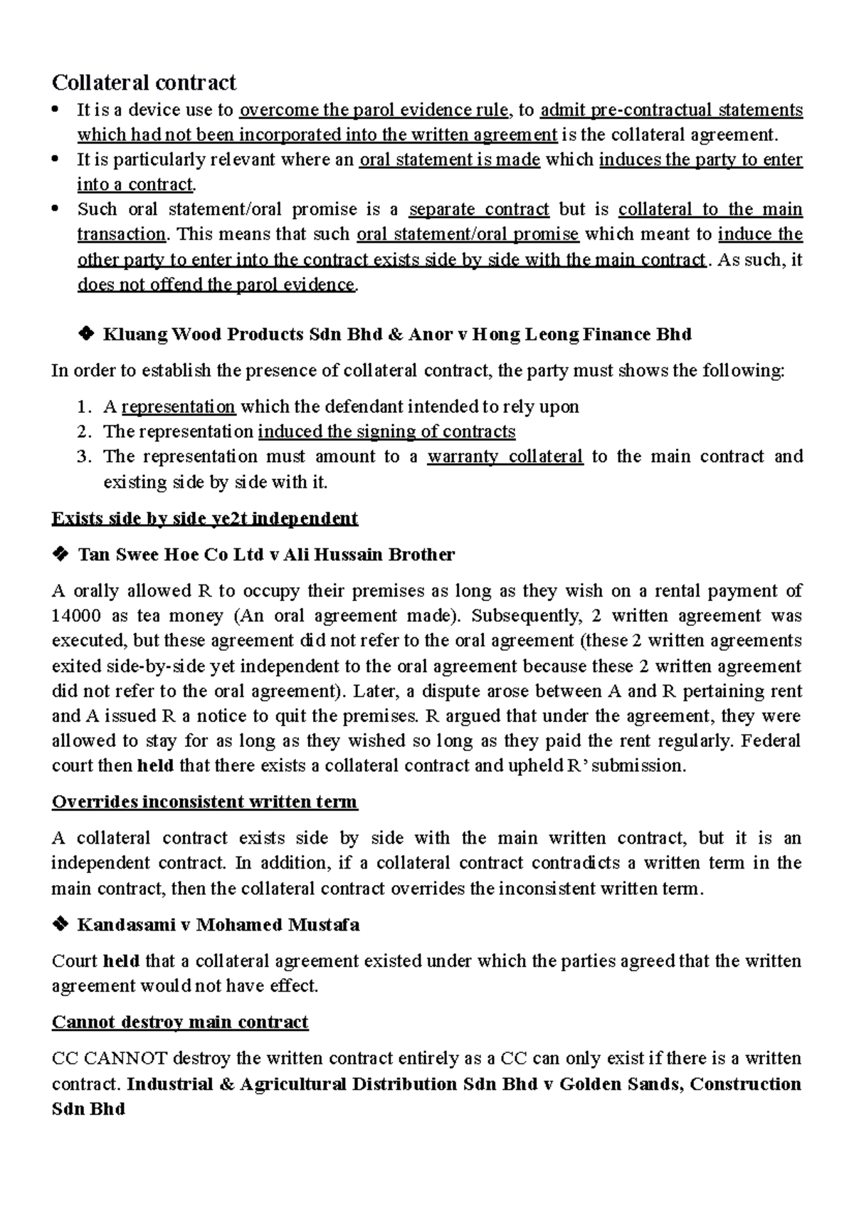Collateral contract - It is particularly relevant where an oral ...