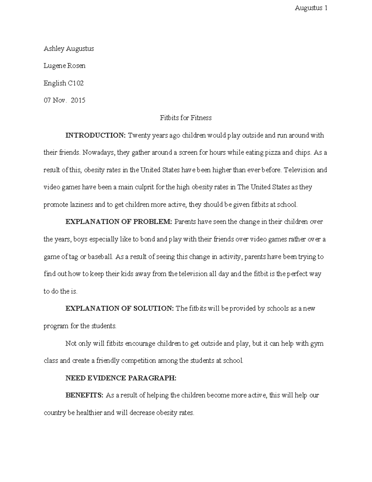 Proposal Essay Outline - Augustus 1 Ashley Augustus Lugene Rosen ...
