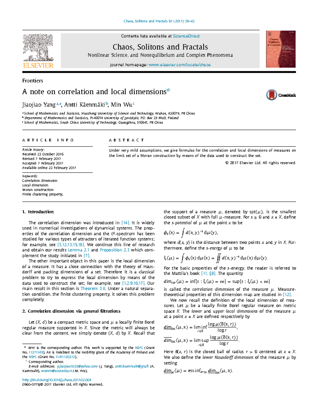 A note on correlation and local dimensions - Chaos, Solitons and ...