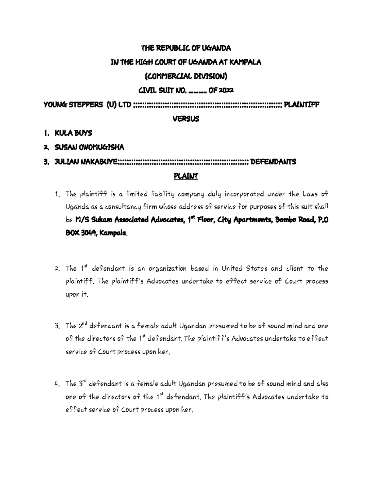 Plaint 1- Young TRIP - Drafting Court Documents - THE REPUBLIC OF ...