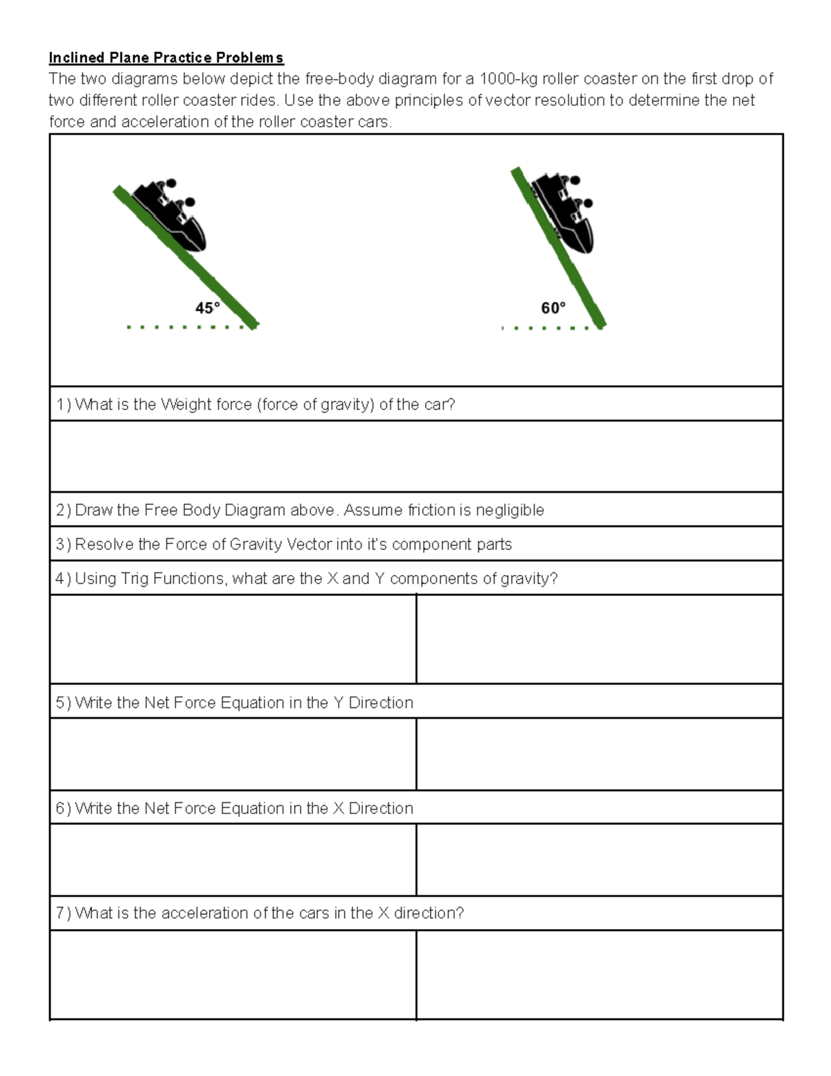 Inclined Plane Practice Problems - Use the above principles of vector ...