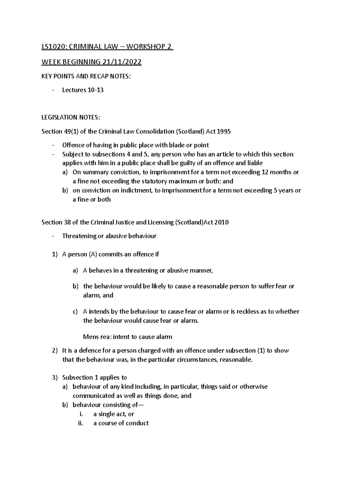 LS1020 Workshop 2 Prep - LS1020: CRIMINAL LAW – WORKSHOP 2 WEEK BEGINNING 21/11/ KEY POINTS AND ...