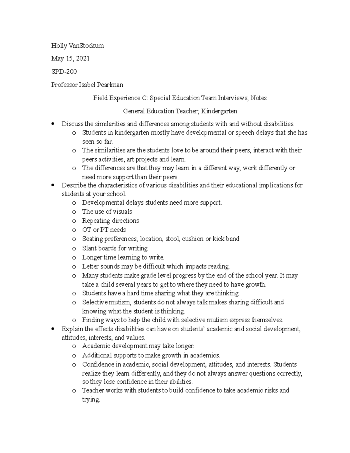 Field Experience C Special Education Team Interviews; notes and ...