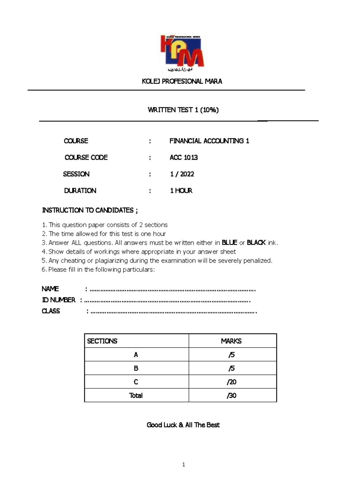 Test 1 FA1 Sesi 1 2022 - hope it's helpful - KOLEJ PROFESIONAL MARA ...