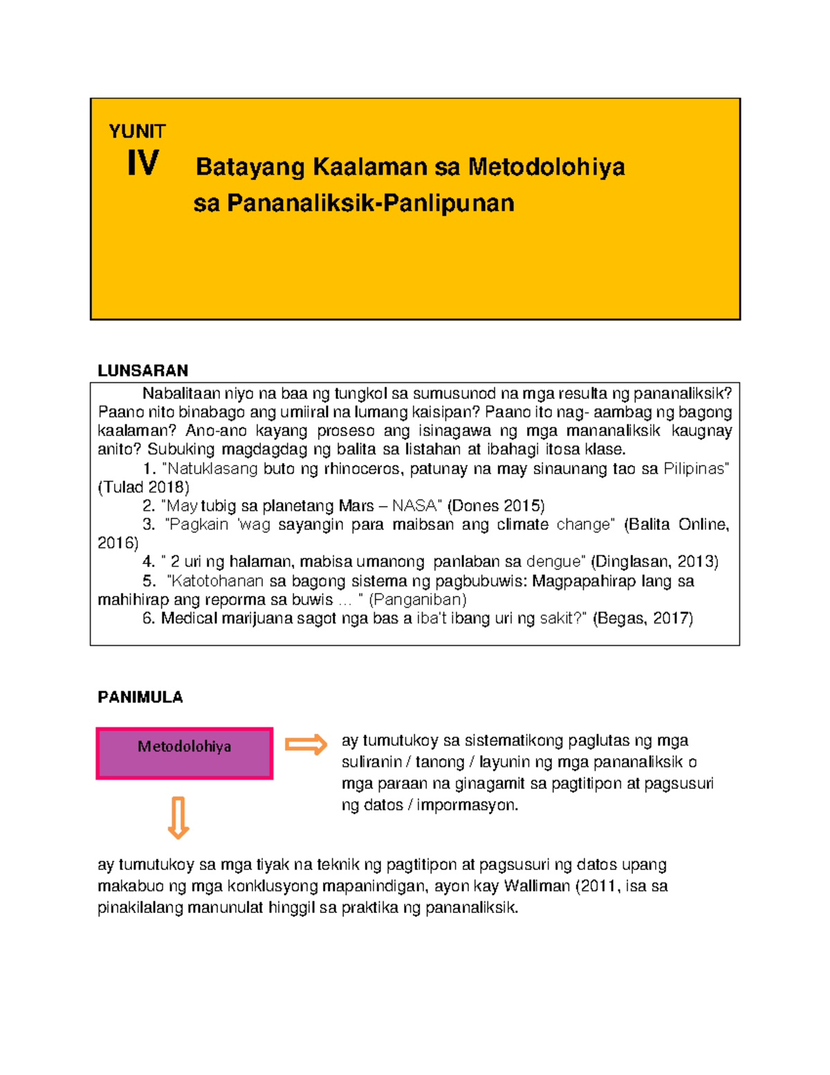 GEC11 Module (Yunit IV) - LUNSARAN PANIMULA ay tumutukoy sa ...