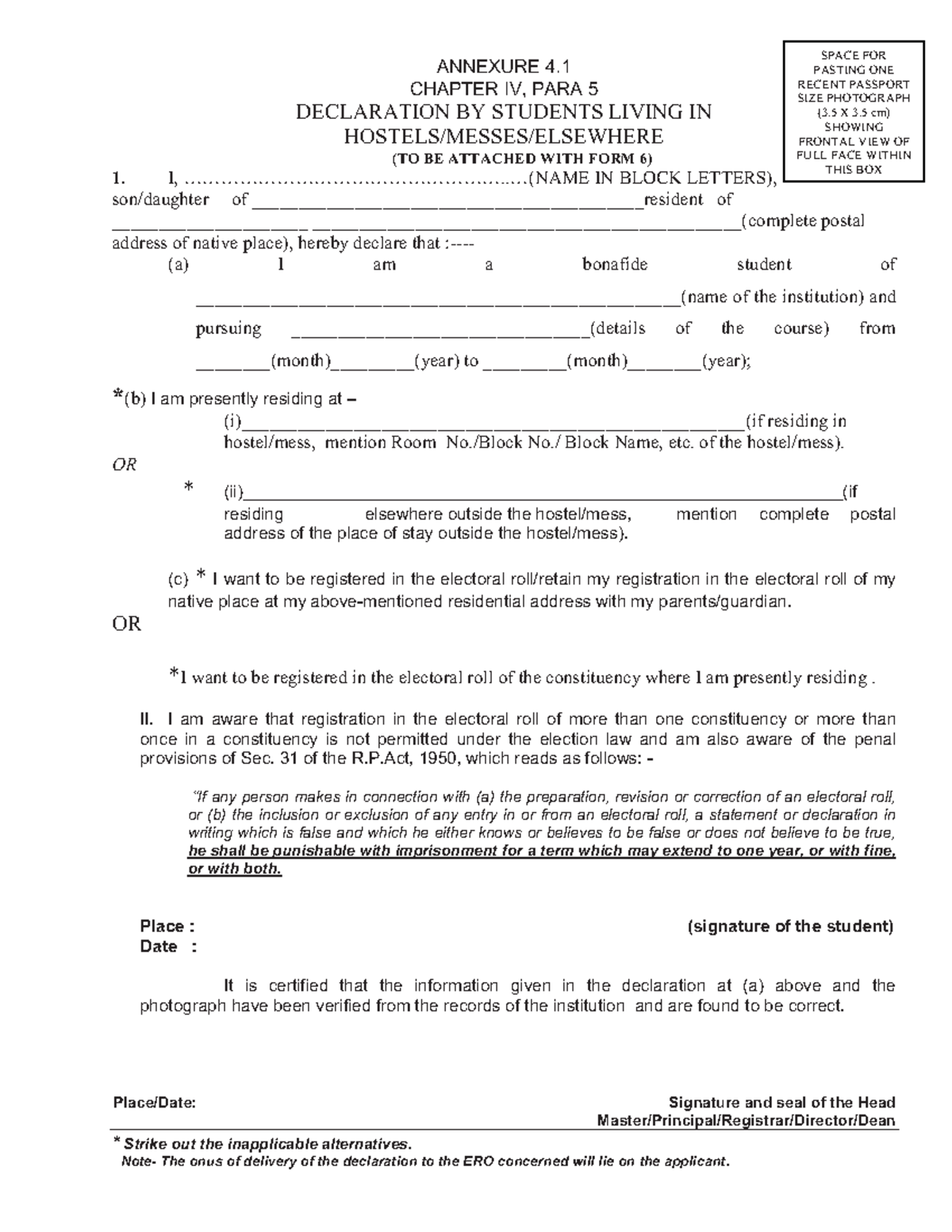 Declaration by Students - ANNEXURE 4. CHAPTER IV, PARA 5 DECLARATION BY ...