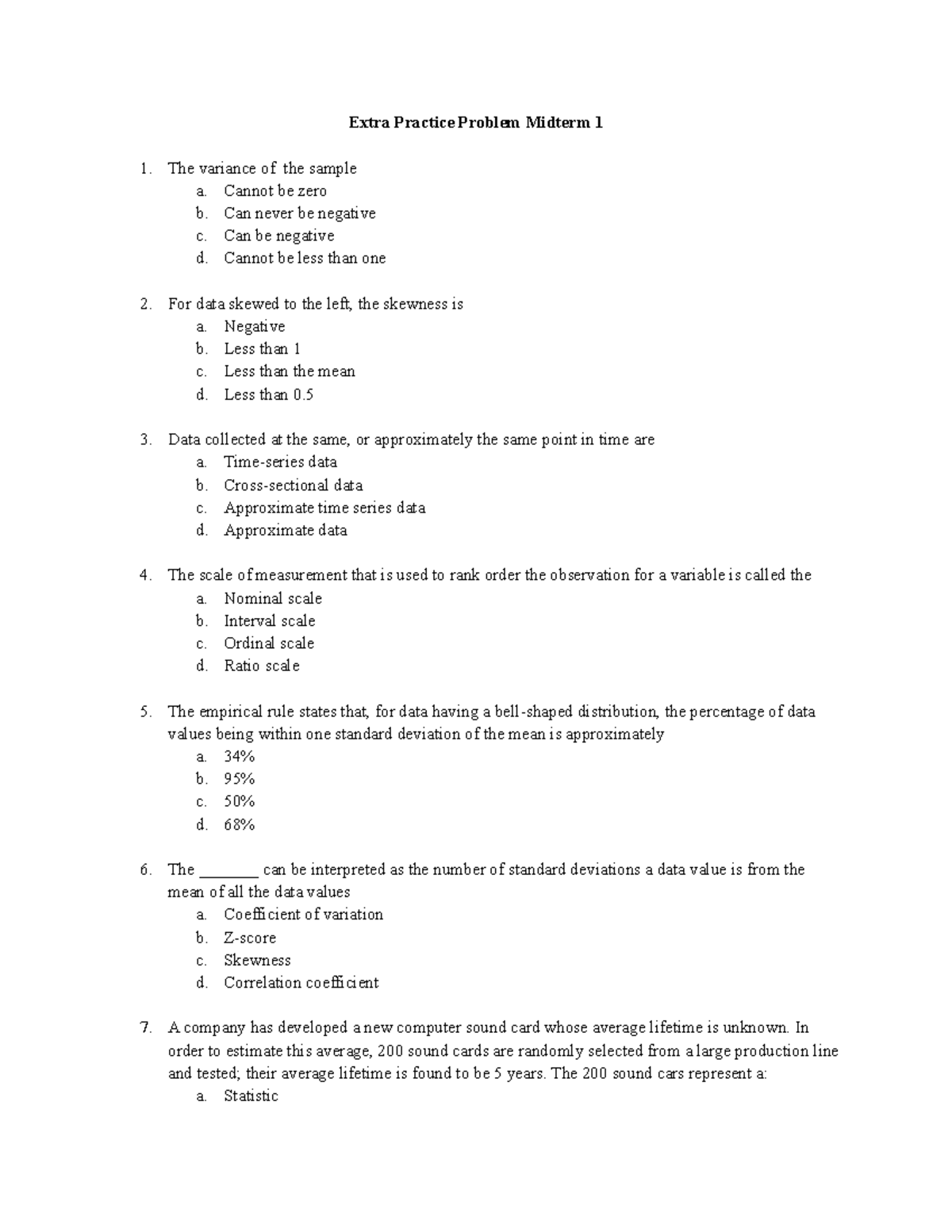 Extra Problem for ISDS361A Midterm 1 - Extra Practice Problem Midterm 1 The variance of the ...
