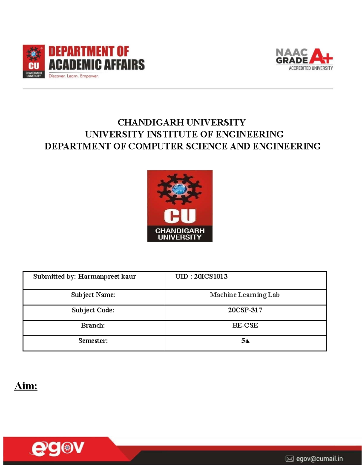 20ICS1013 ML LAB MST - Machine learning assignment - CHANDIGARH UNIVERSITY UNIVERSITY INSTITUTE ...