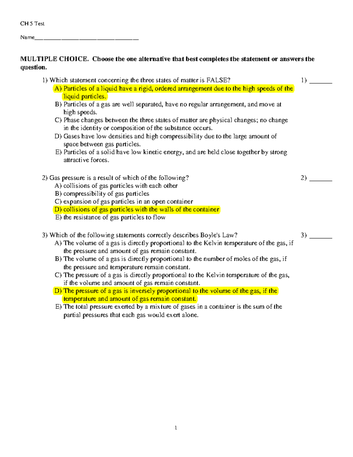 Chapter 5 study questions - CH 5 Test MULTIPLE CHOICE. Choose the one ...