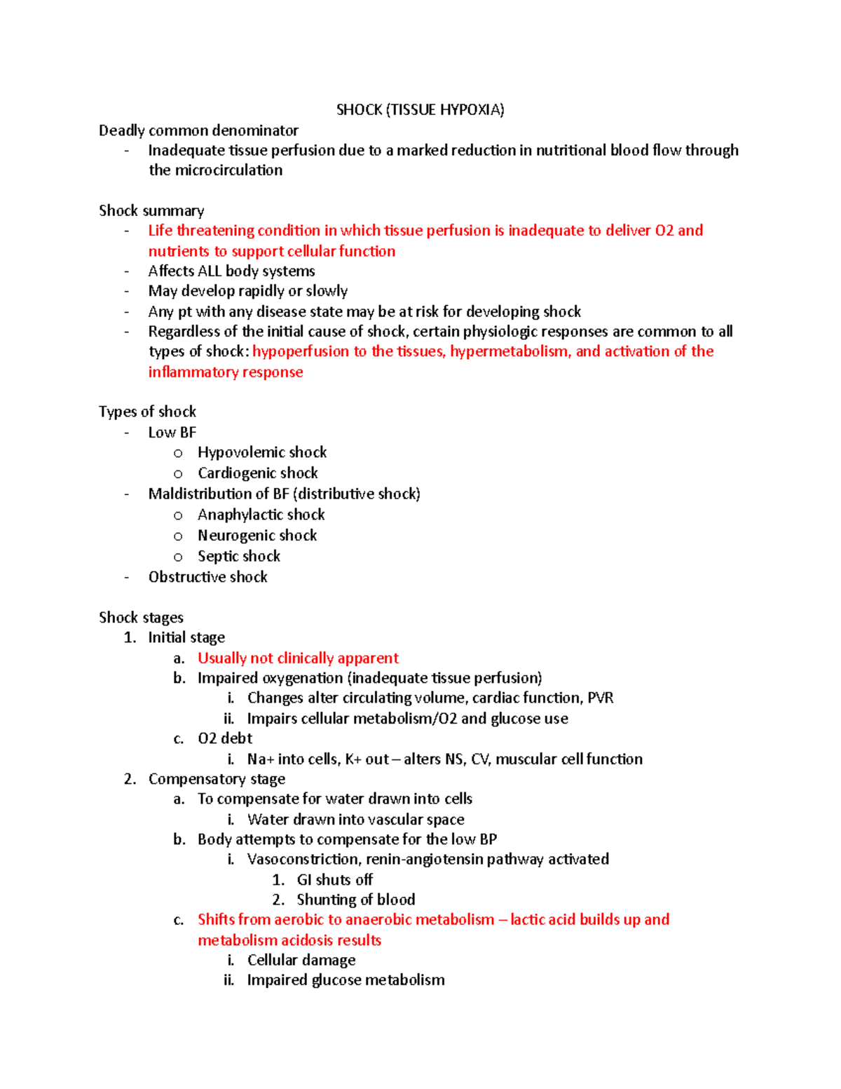 Shock Notes - SHOCK (TISSUE HYPOXIA) Deadly common denominator ...