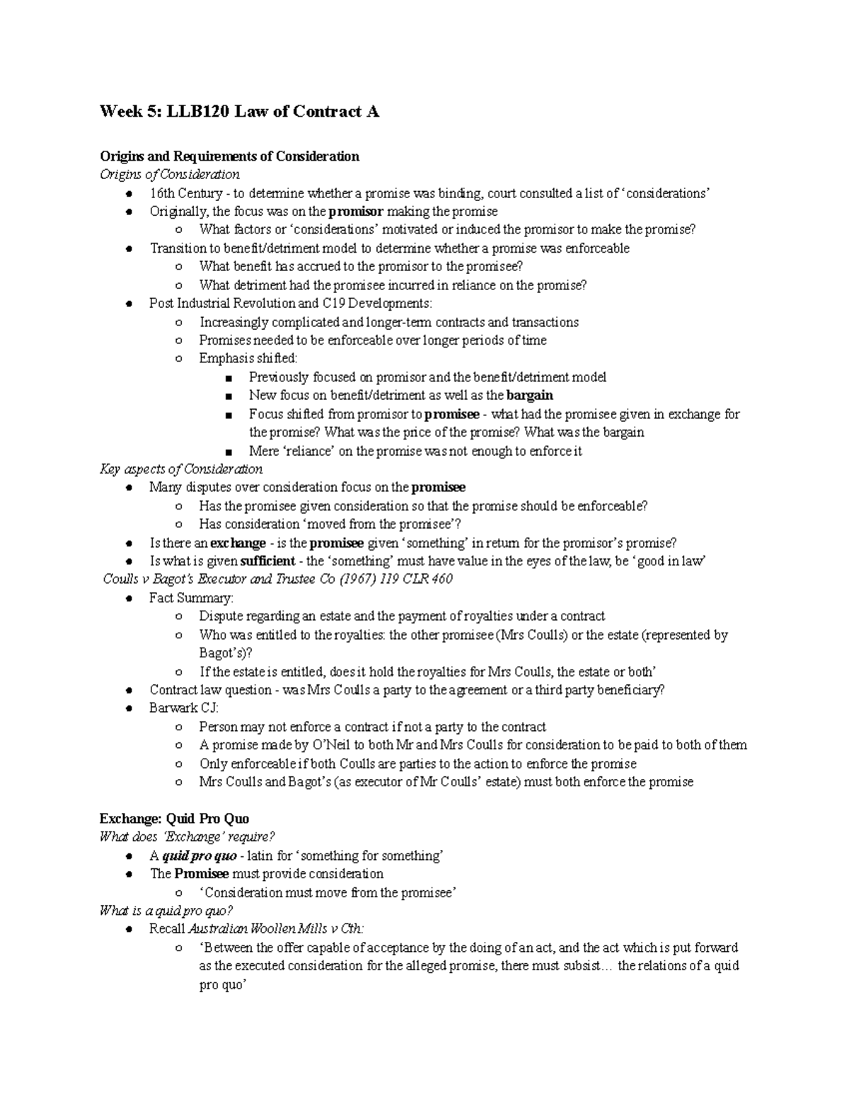 Week 5 LLB120 Law of Contract A - .. the relations of a quid pro quo ...