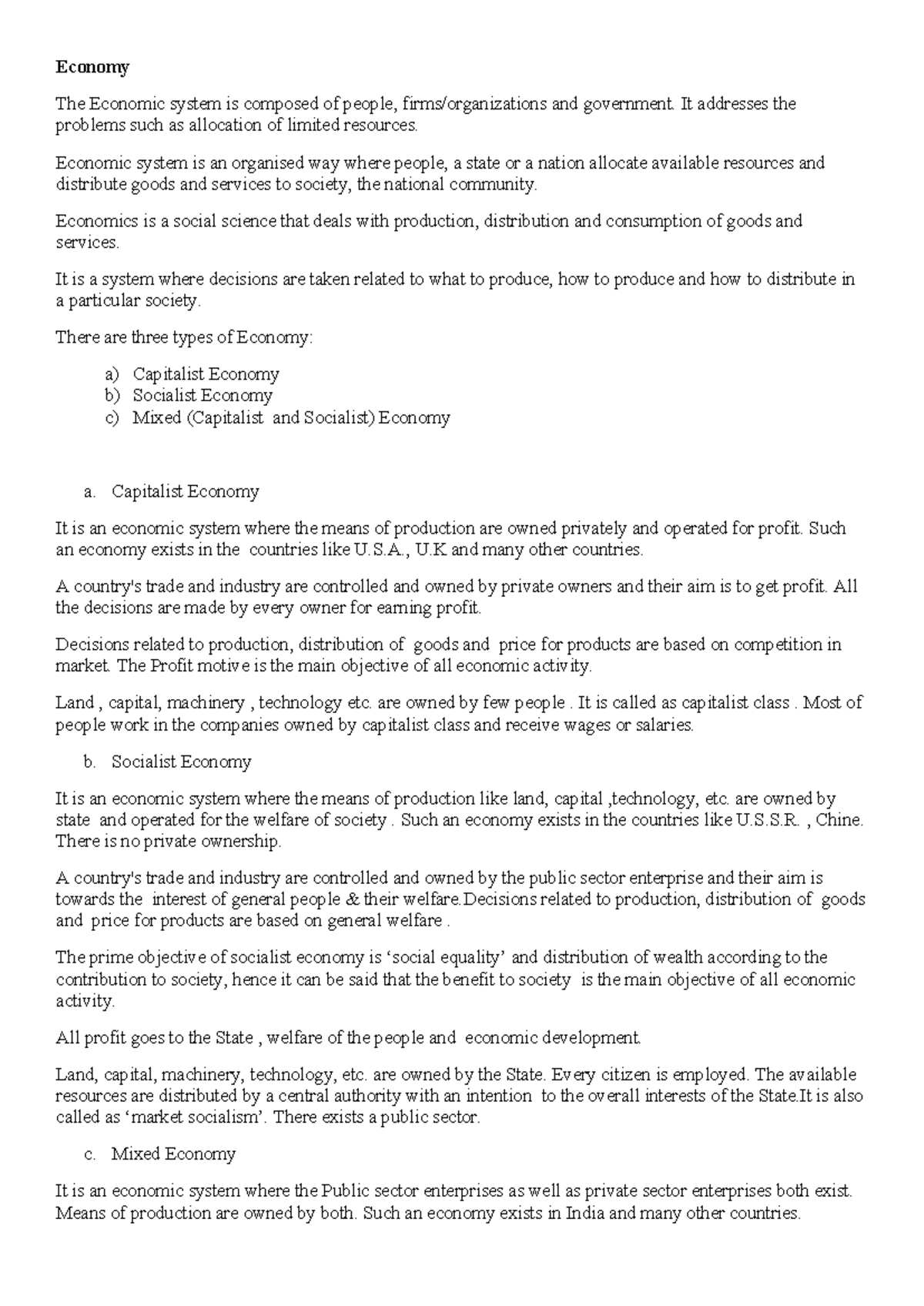 Economics Notes - Economy The Economic system is composed of people ...