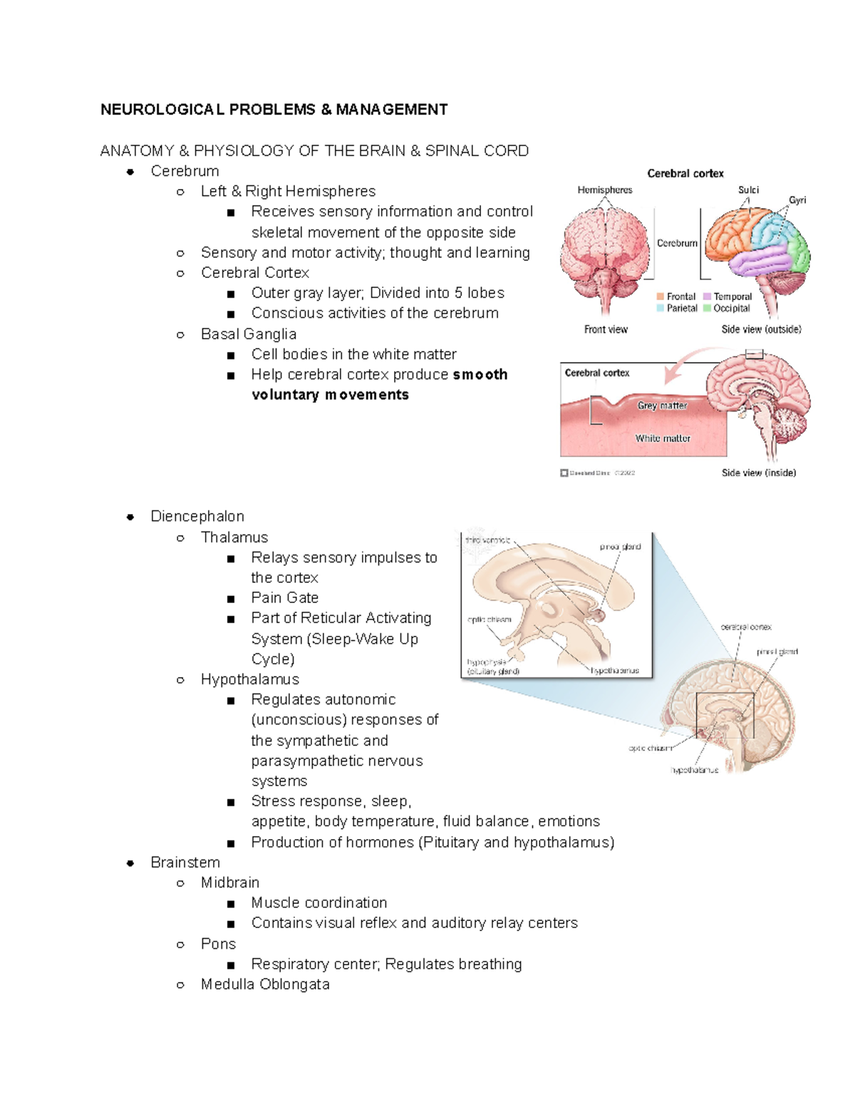 Nervous System Notes - NEUROLOGICAL PROBLEMS & MANAGEMENT ANATOMY ...