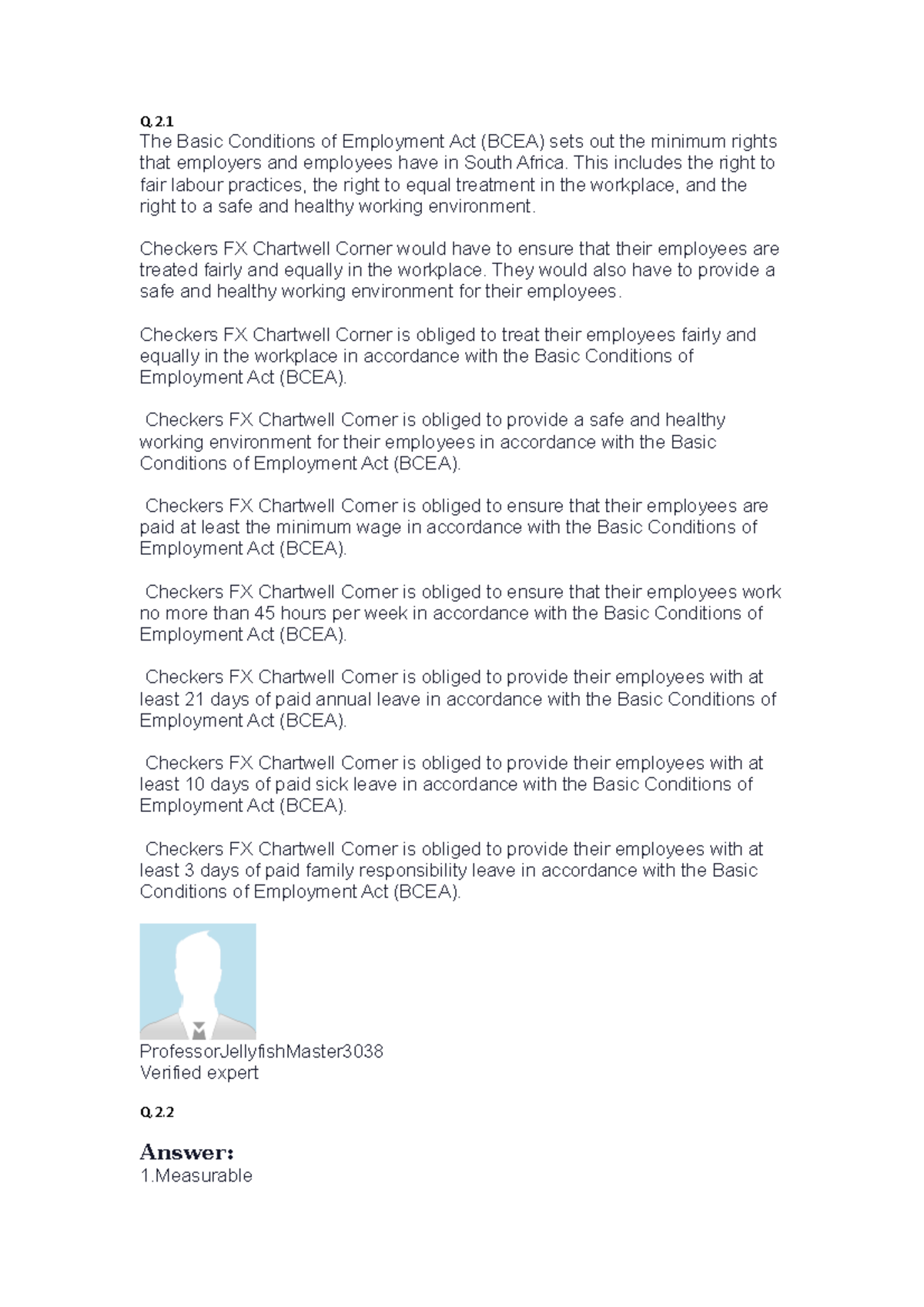 Q2 - answers - Q. The Basic Conditions of Employment Act (BCEA) sets ...