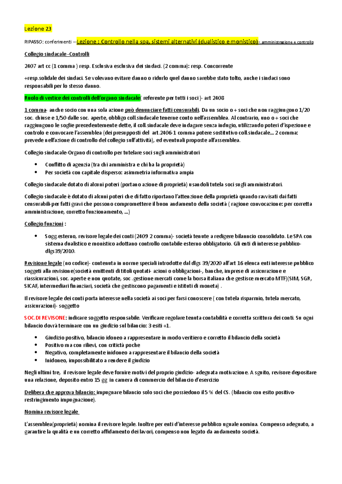 Lezione 23 - Lezione 23 RIPASSO: conferimenti -Lezione : Controllo ...