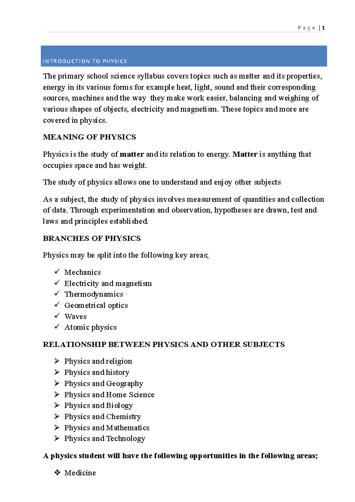 Physics form 1 notes - INTRODUCTION TO PHYSICS The primary school ...