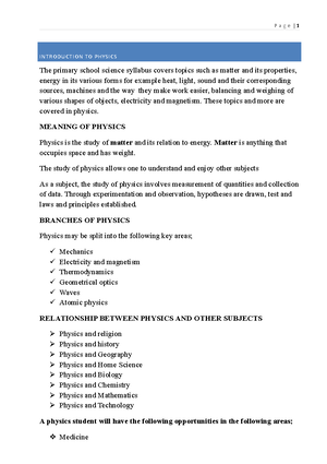 Physics form 1 notes - PHYSICS FORM ONE CHAPTER ONE INTRODUCTION TO ...