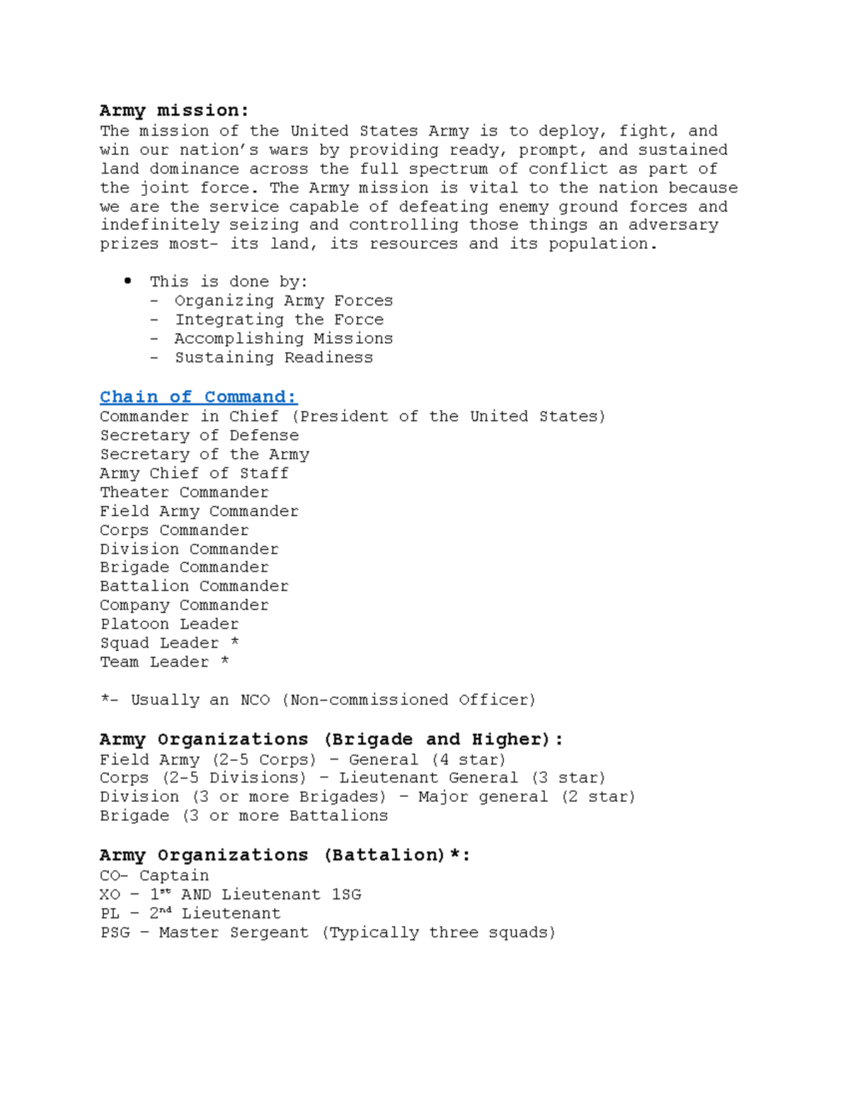 MSL1001L02 21 OCT 21 - Notes - Army mission: The mission of the United ...