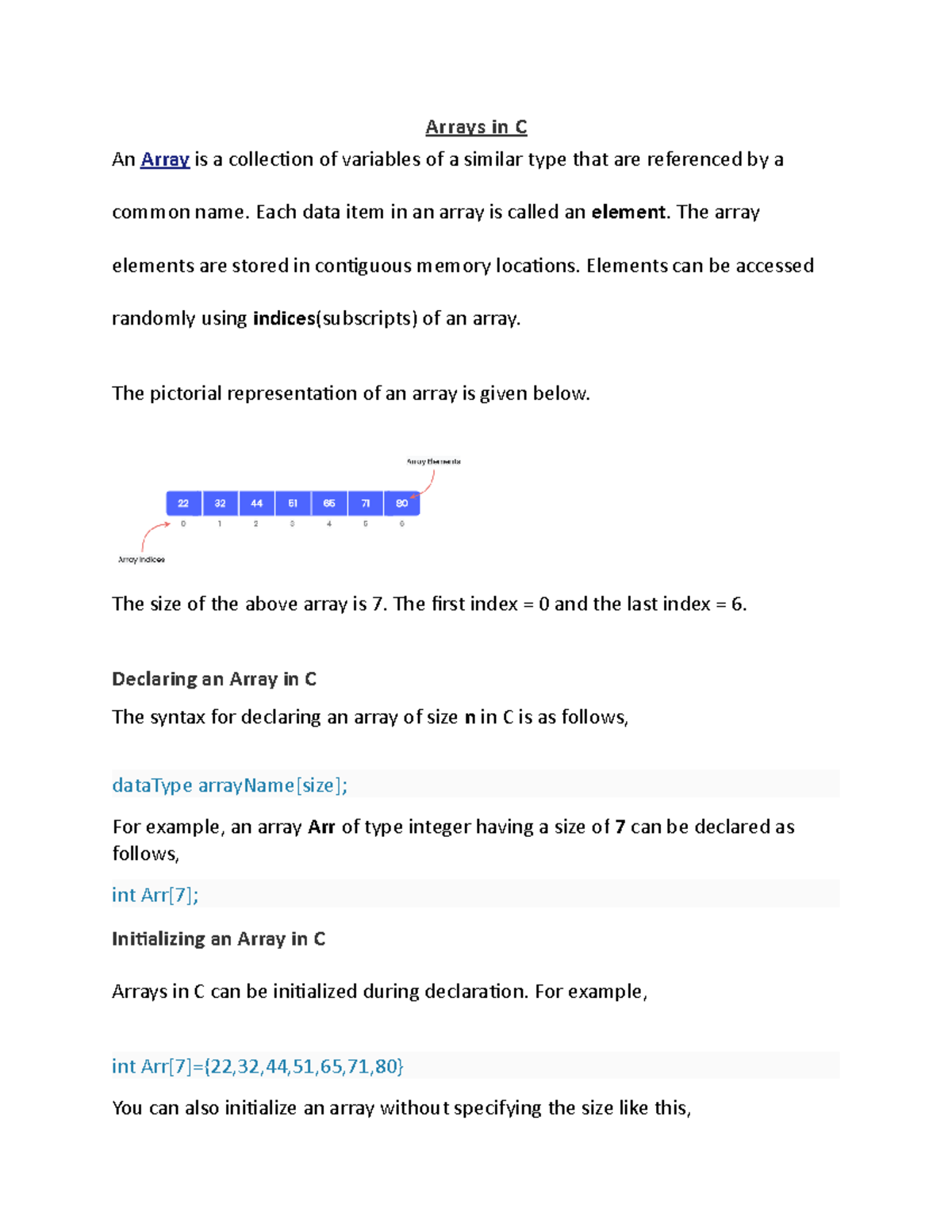 Arrays in C , Declaring an Array , Initializing an Array , Accessing Array elements ...