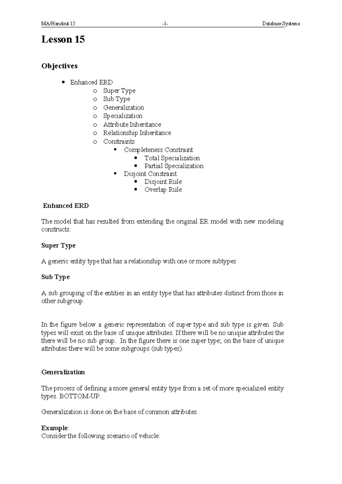 Handout 15 Enhanced ERD - Lesson 15 Objectives Enhanced ERD o Super ...