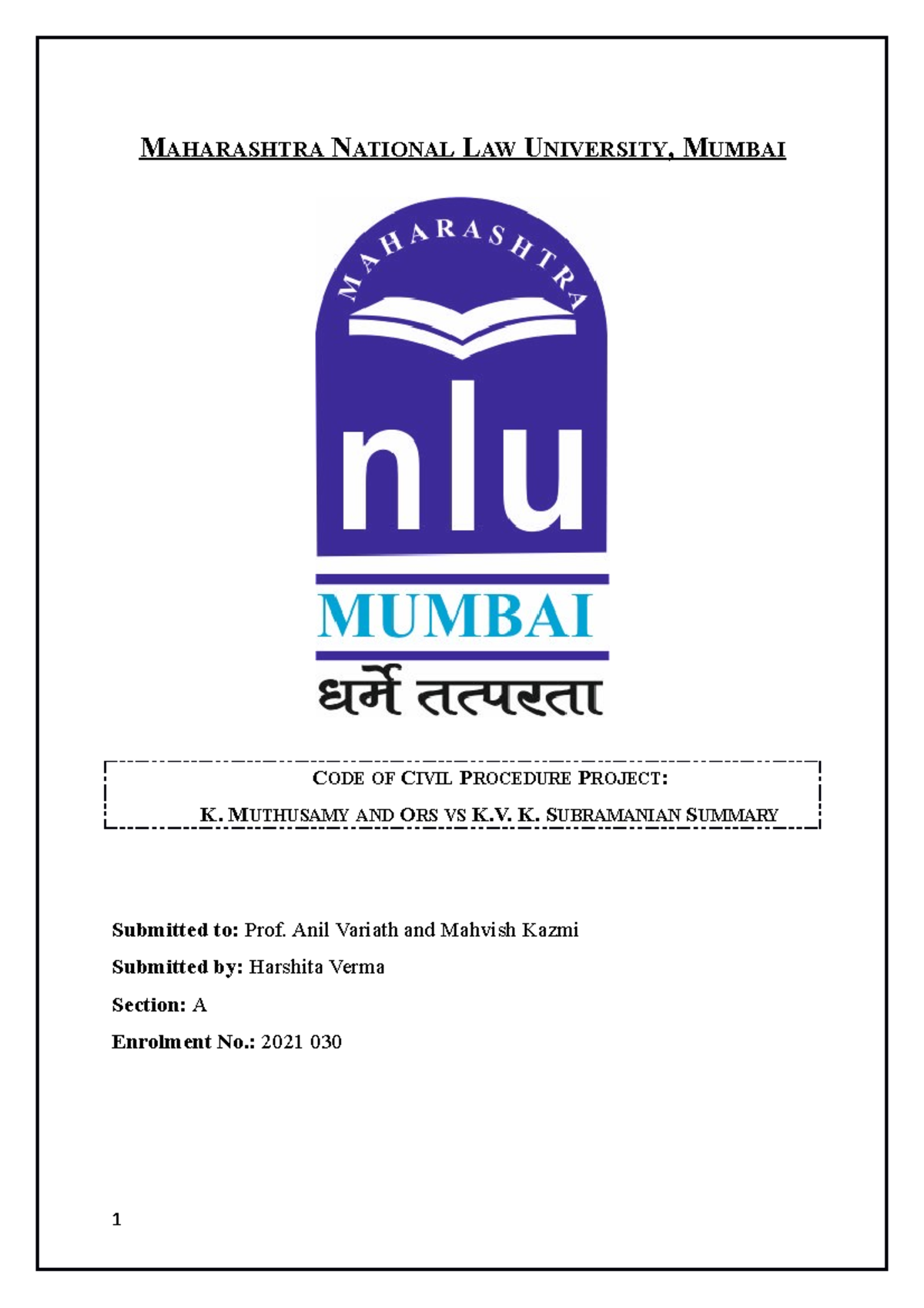 Cpc- project summary - MAHARASHTRA NATIONAL LAW UNIVERSITY, MUMBAI CODE ...