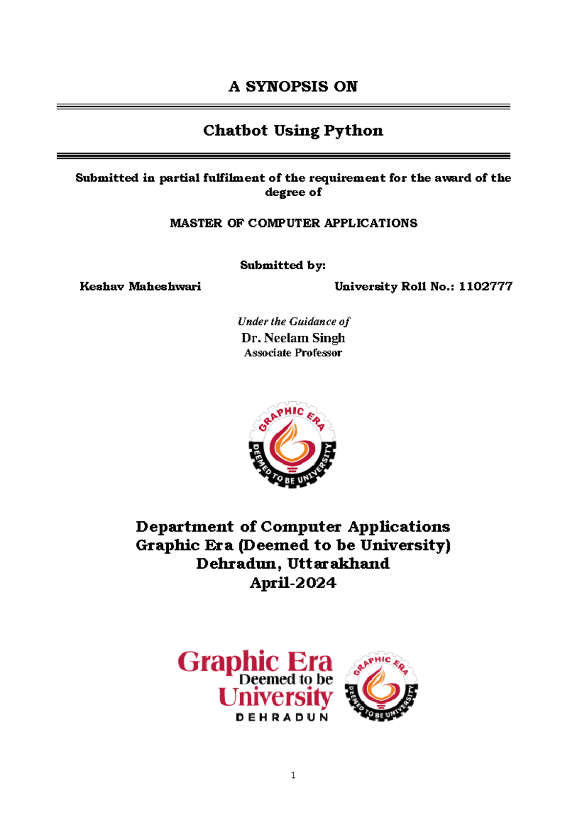 Chatbot Synopsis - A SYNOPSIS ON Chatbot Using Python Submitted in partial fulfilment of the ...