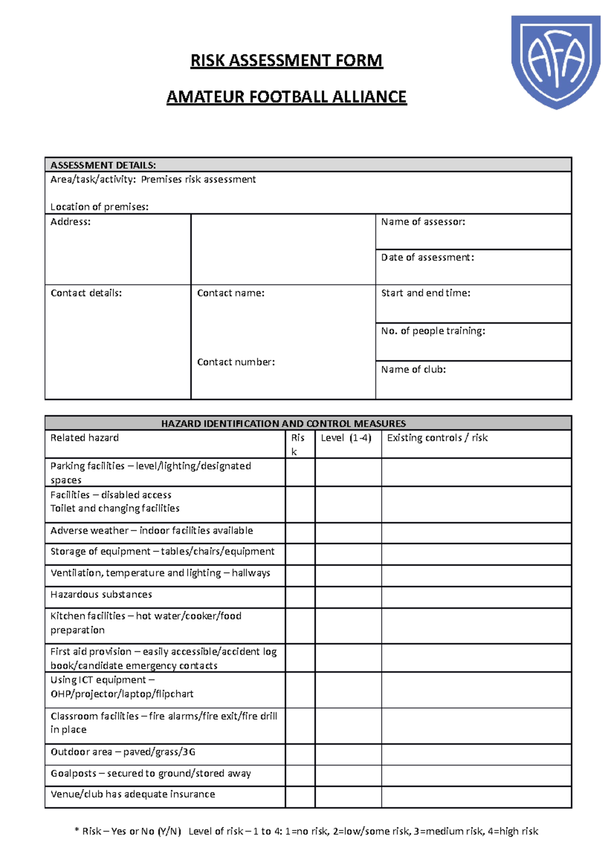 risk assessment - RISK ASSESSMENT FORM AMATEUR FOOTBALL ALLIANCE ...