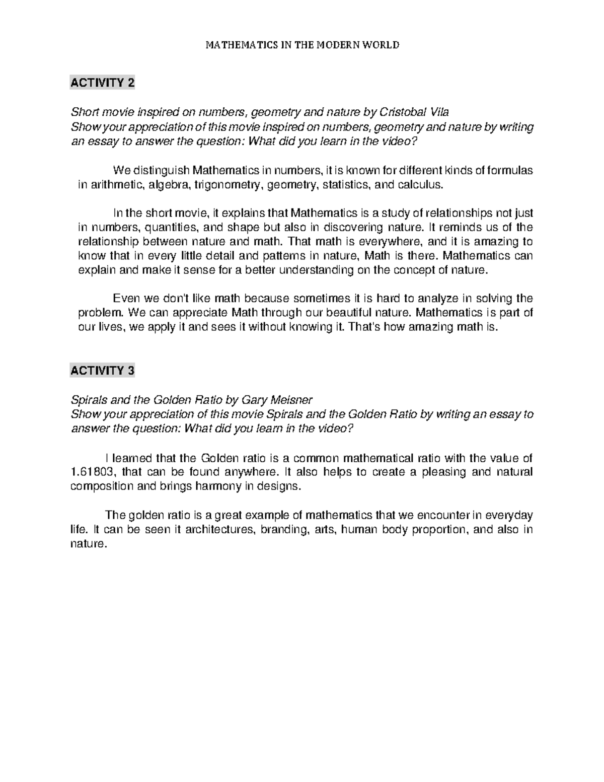 MMW Activities - Grade: a+ - Mathematics in the modern world - Studocu