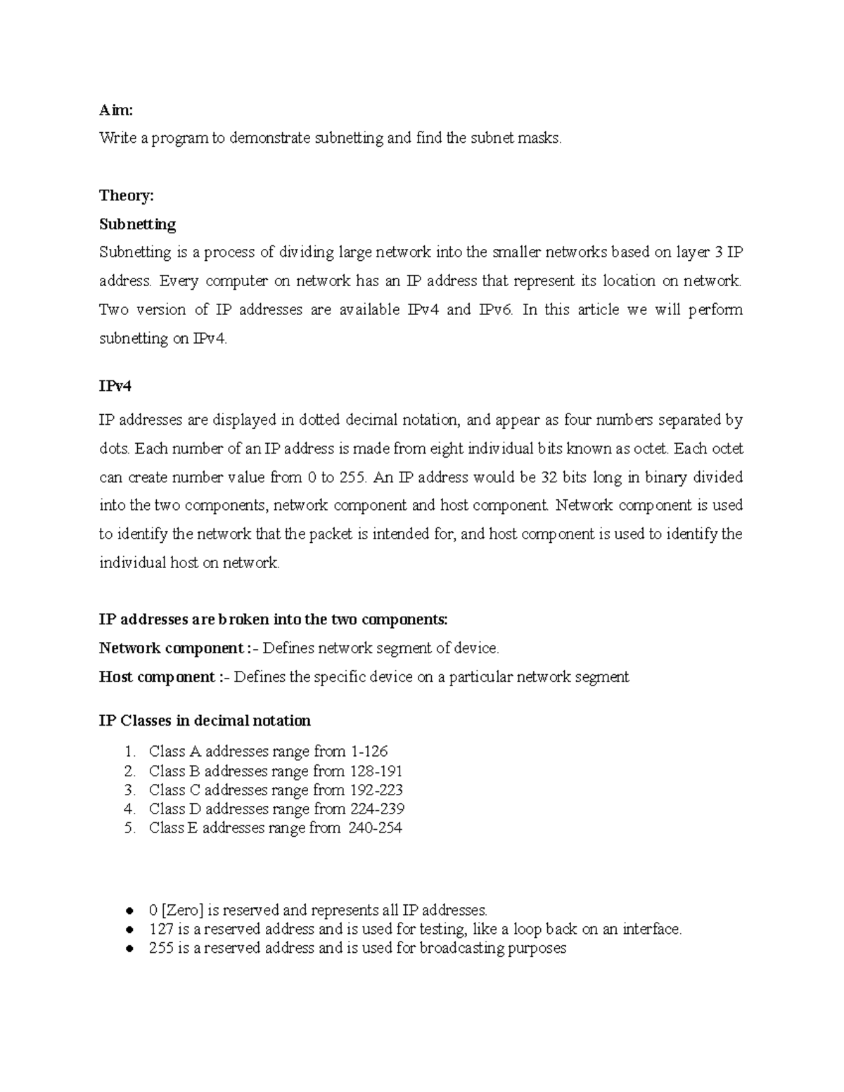 CNS Assignment 6 - Aim: Write a program to demonstrate subnetting and find the subnet masks ...